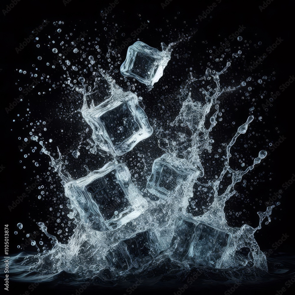 ice cubes with water particles splash in motion air, on black ...