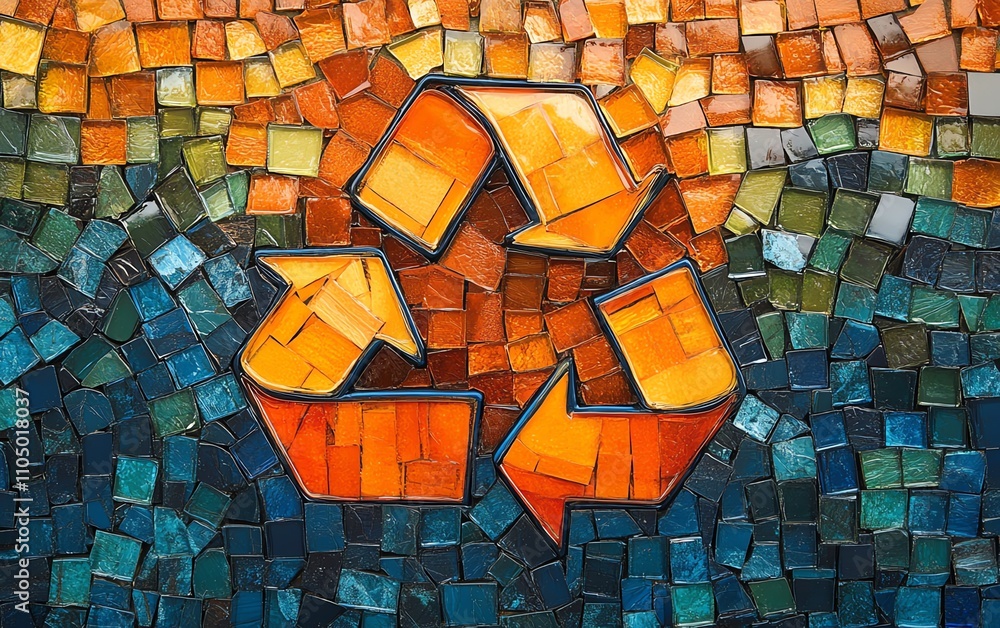 A stunning recycled glass mosaic depicting the recycling symbol on an ...