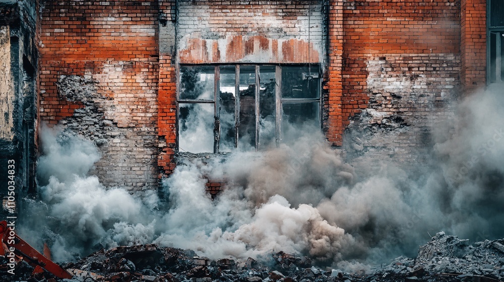 11.The crumbling facade of an old brick building mid-demolition, with ...