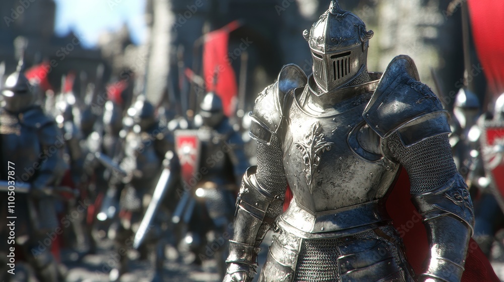 A formation of medieval knights and warriors in complete metal armor stands poised, planning ...