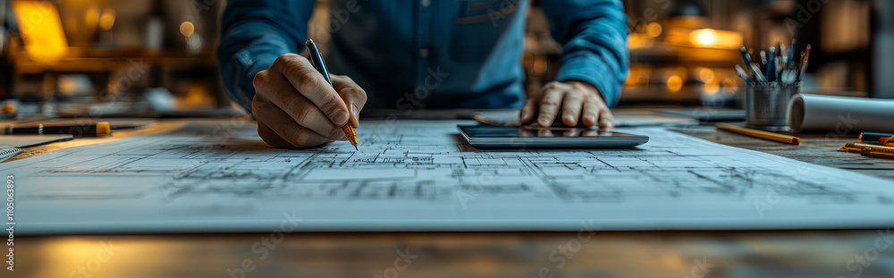large architectural drawing table filled with rolled-out technical ...