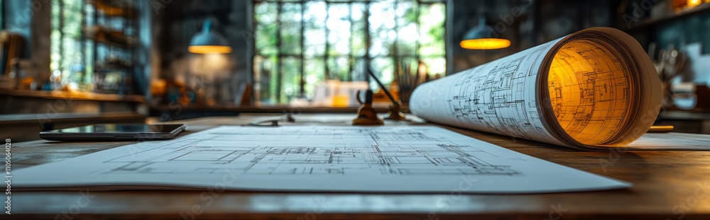 large architectural drawing table filled with rolled-out technical ...