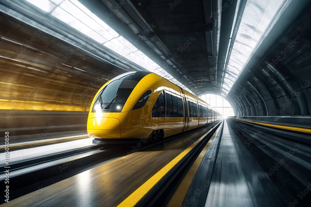 Future modern yellow express passenger train driving on high speed ...