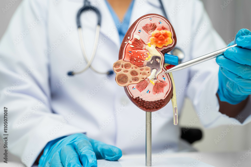 Chronic kidney disease, doctor with model for treatment urinary system ...