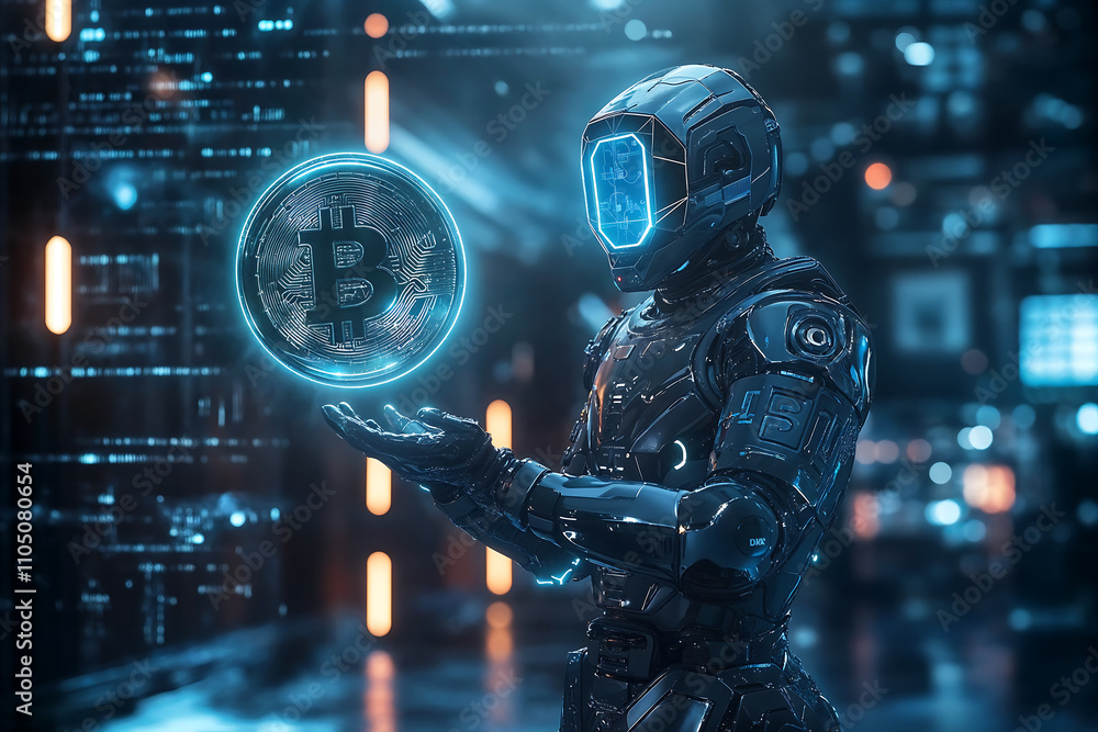 Futuristic robot holding a glowing bitcoin in a sci-fi digital ...