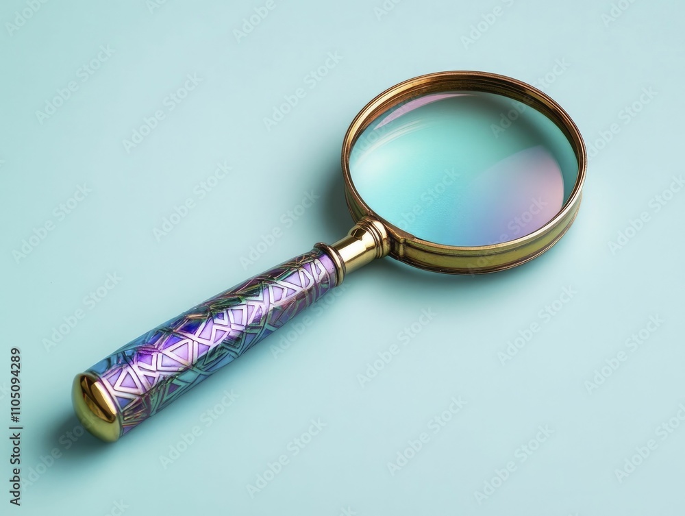 Magnifying glass with a rainbow-hued handle, intricate geometric ...