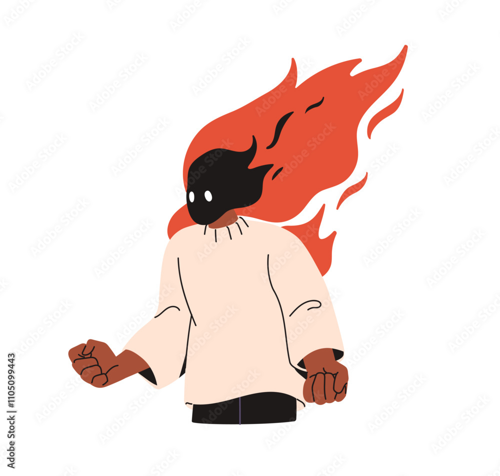Angry aggressive irritated character with head in fire. Rage, anger and ...