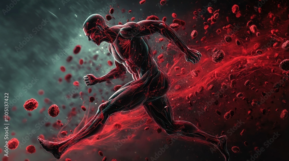 Artistic close-up of a runner anatomy in motion, with blood cells ...
