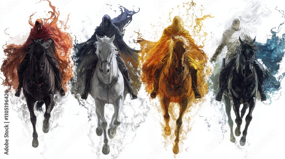 A Dramatic Depiction Of The Four Horsemen Of The Apocalypse Each Riding