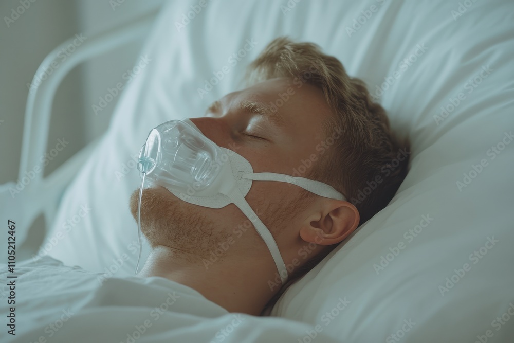 Close up side view of a male patient sleeping in a hospital bed with ...