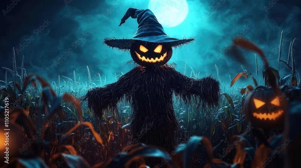 animated spooky scarecrow in a corn field on halloween night ...