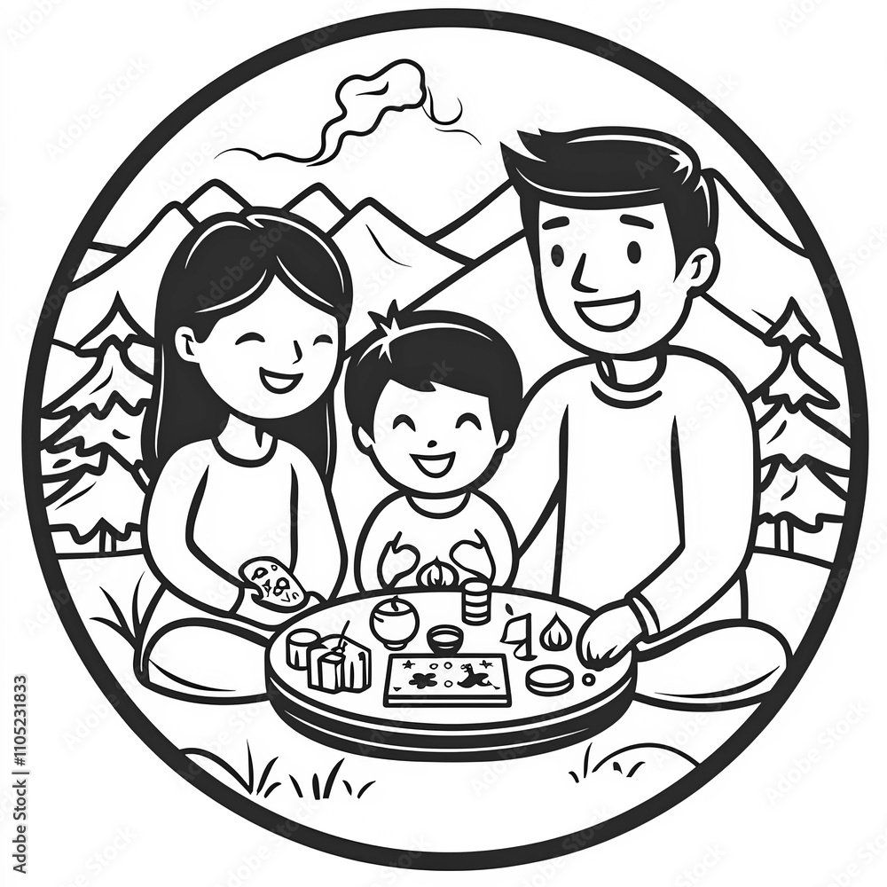 A cozy family game night, coloring page for kids, simple outline ...