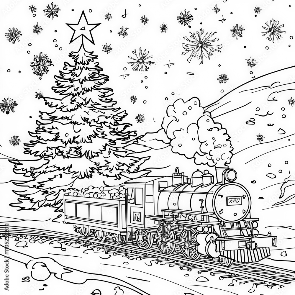 A holiday train set around a Christmas tree, coloring page for kids ...