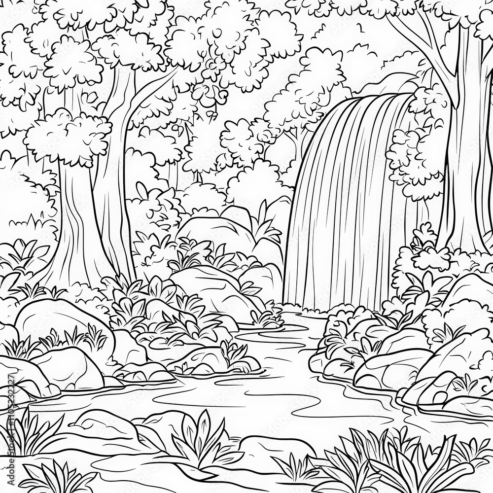 A magical waterfall in a mystical rainforest, coloring page for kids ...