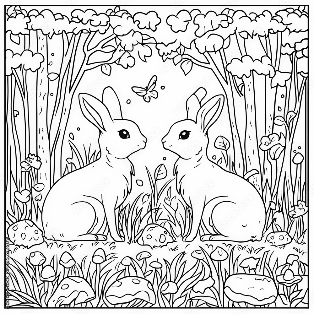 An enchanted forest with whimsical creatures, coloring page for kids ...