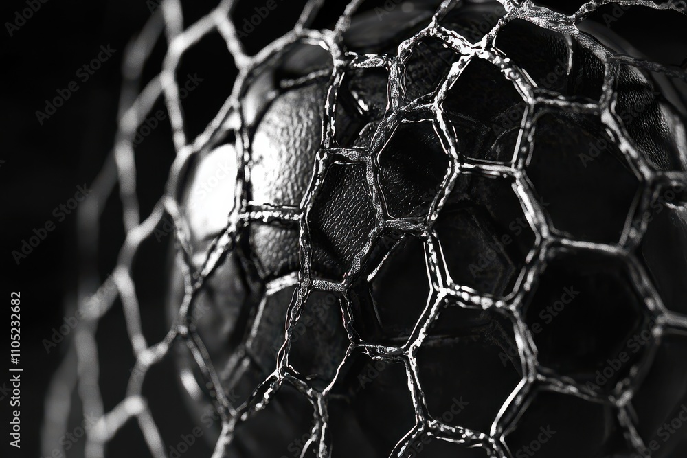 Soccer ball goal net scoring moment high contrast black and white close ...