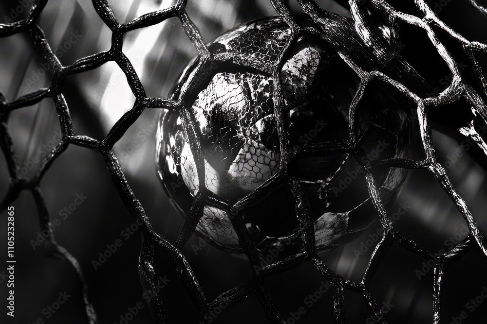 Soccer ball goal net scoring moment high contrast black and white close ...
