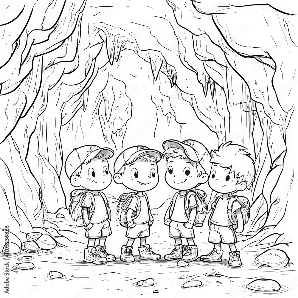 A group of children exploring a cave, coloring page for kids, simple ...