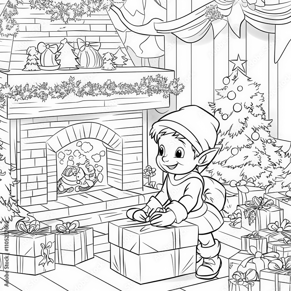 An elf wrapping Christmas gifts, coloring page for kids, simple outline ...