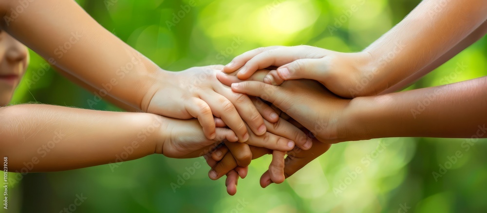 Children are joining hands together, showing teamwork, collaboration ...