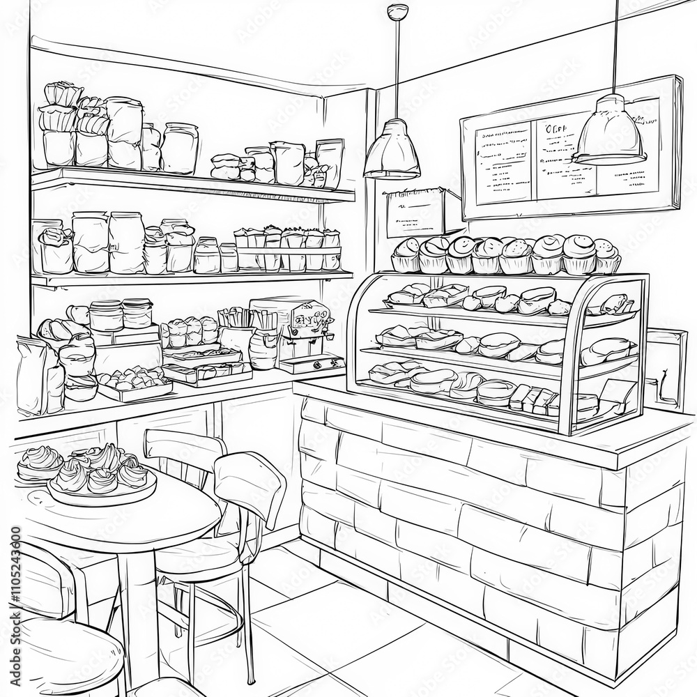 A cozy coffee shop filled with pastries, coloring page for kids, simple ...