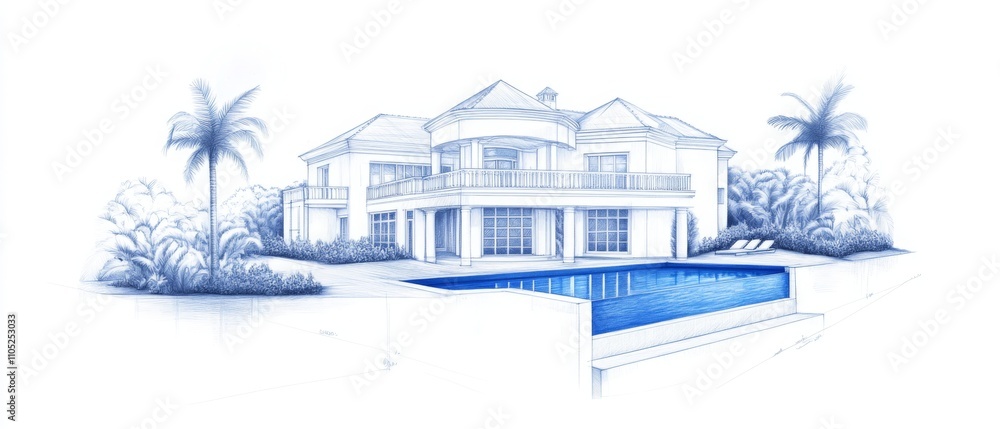 Architectural Model of a luxury villa , pencil sketch and blueprint of ...