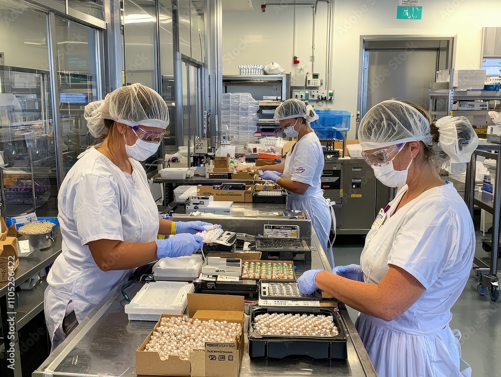Female Workers in Lab Coats and Hairnets Performing Quality Control in ...