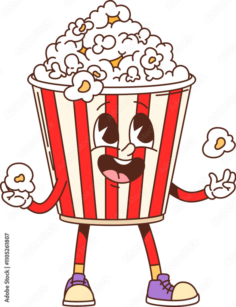 Cartoon groovy fast food popcorn character. Fast food menu meal funny ...
