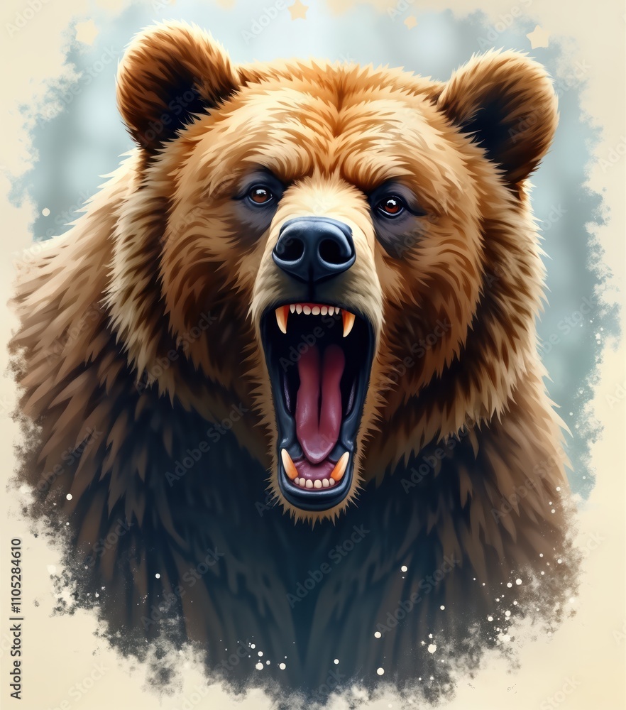 Aggressive brown bear with open mouth. Powerful animal in close-up portrait. Wild nature photo ...