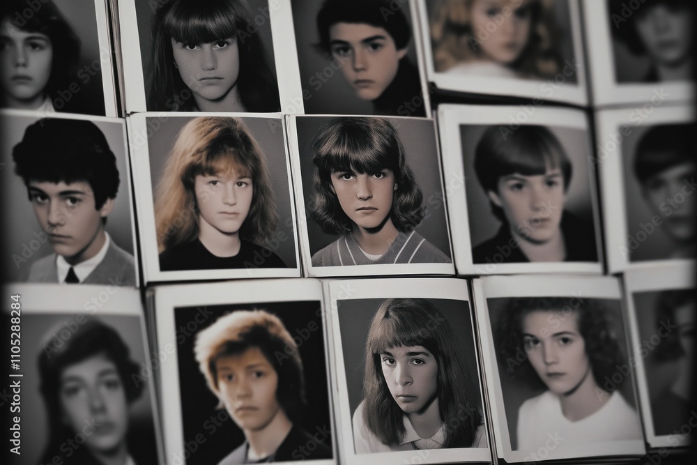 Many teens, children face camera in 1980s yearbook photos. Portrait ...