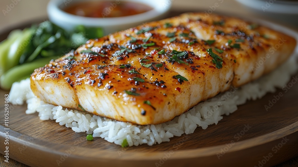 Grilled Barramundi fillet on a bed of jasmine rice, topped with a sweet ...