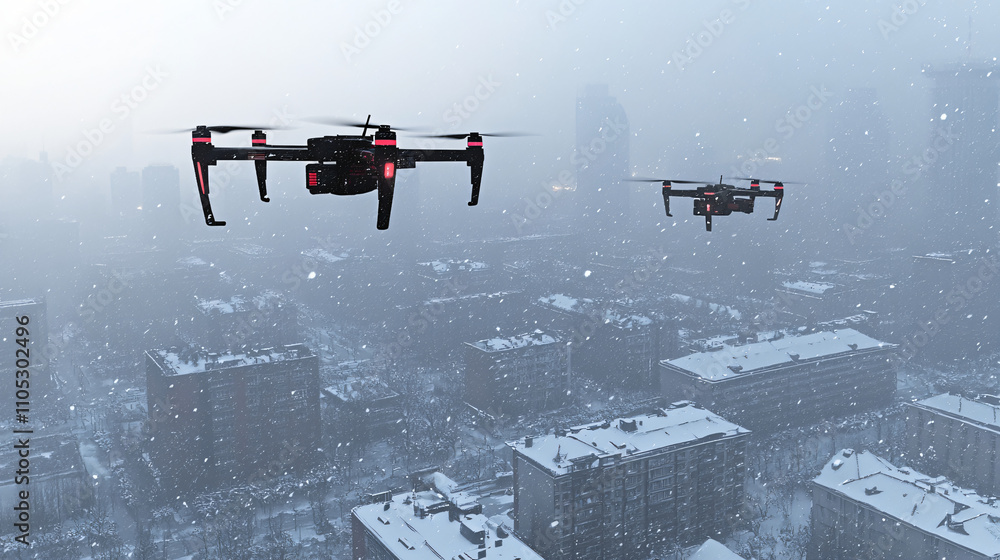 A snow-clearing drone network, autonomously flying over a city to ...