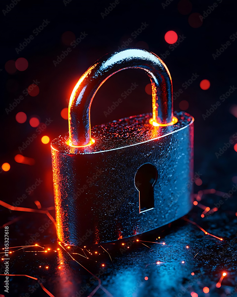 glowing padlock symbolizes data security and protection against cyber threats. vibrant colors ...