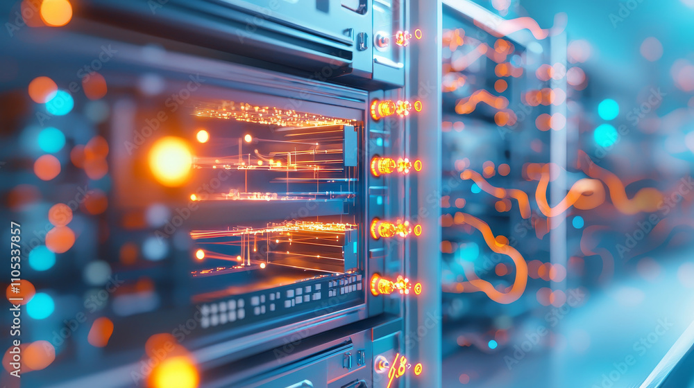 fiber optic installation concept. Close-up of server racks with glowing ...