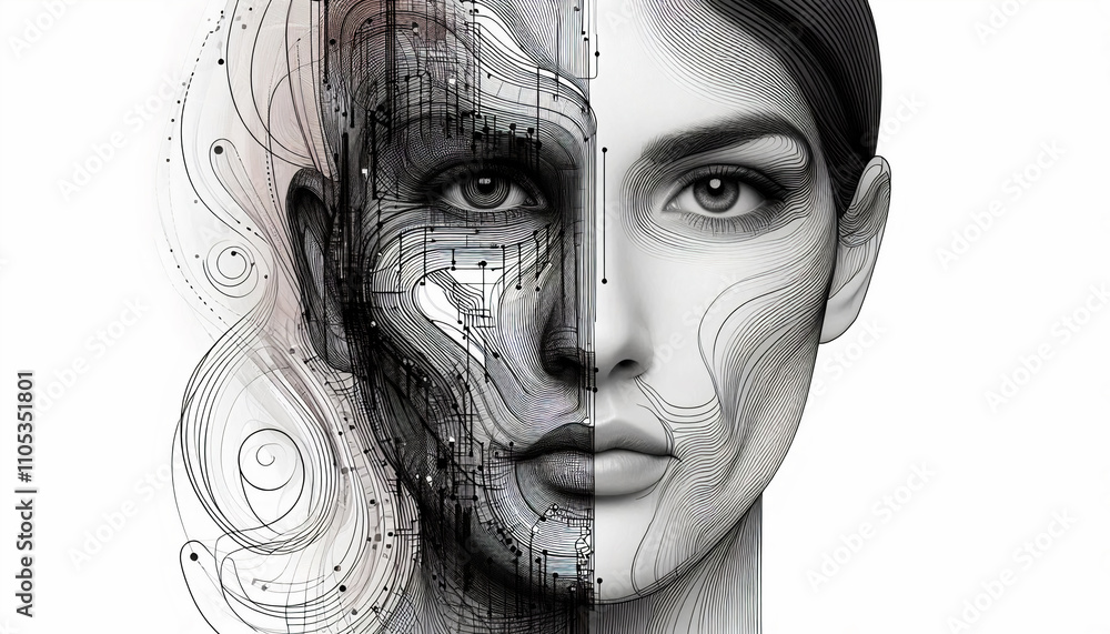 Artistic half-human, half-robot face in black and white line art ...