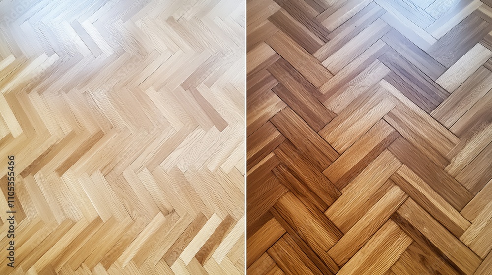 Closeup of a parquet floor showing the difference before and after ...