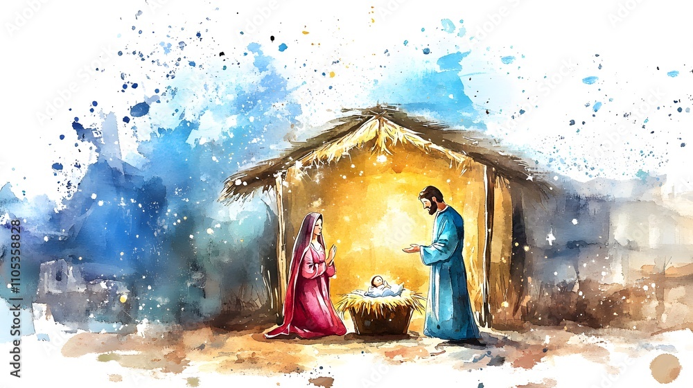 Nativity scene in Bethlehem. Watercolor painting. Christmas scene ...