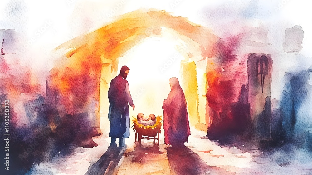 Nativity scene in Bethlehem. Watercolor painting. Christmas scene ...