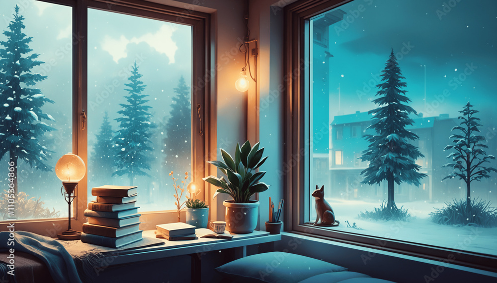 Foto de Stock Calm lofi desk, interior. A cold winter evening. An empty ...