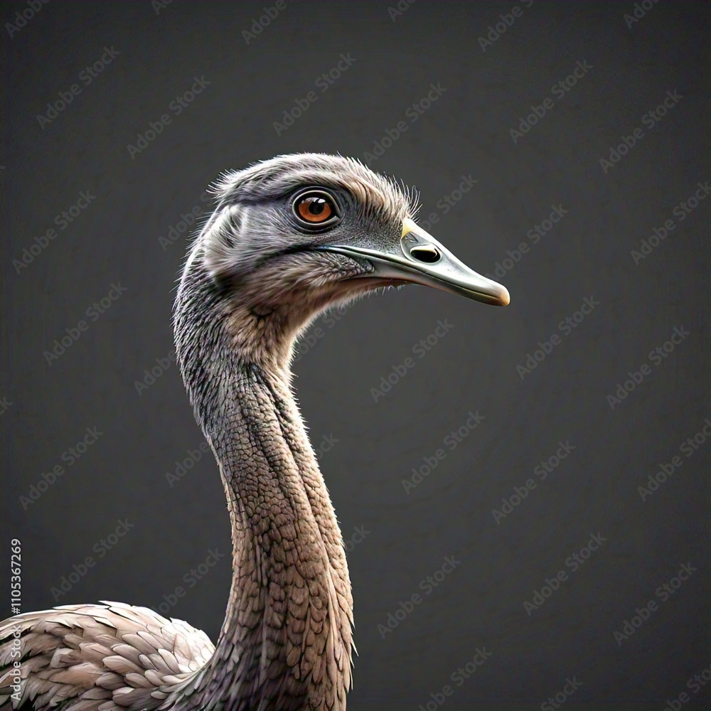 Depicts a close up portrait of a greater rhea a large flightless bird ...