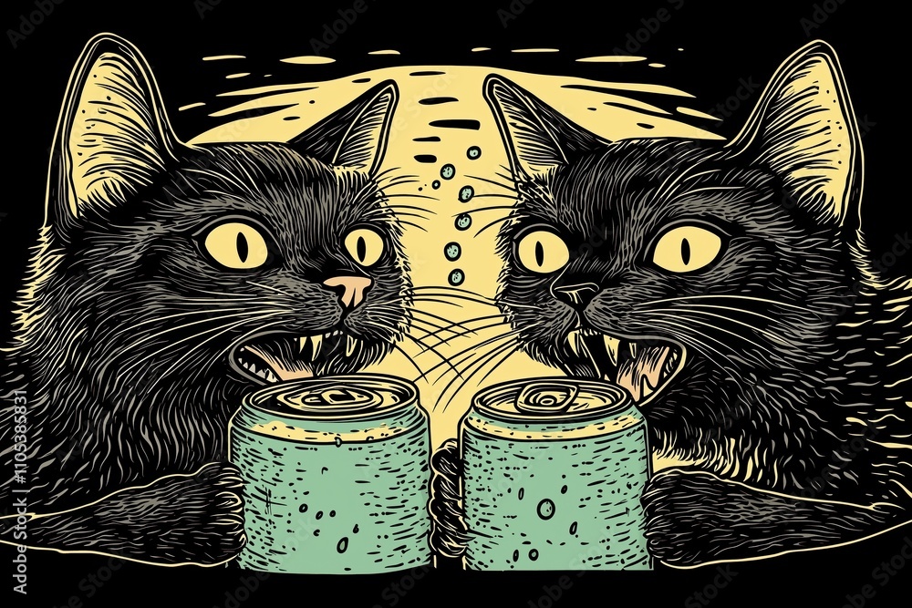 Shocked kittens and canned drinks poster illustration. Two surprised ...