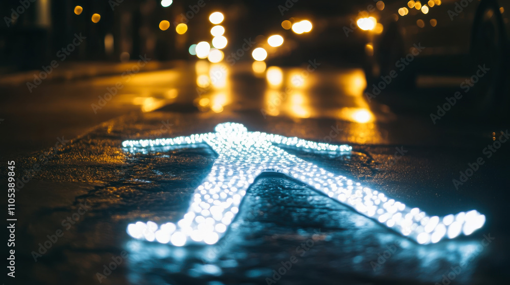 Glowing LED figure marking a crosswalk on a wet city street during ...