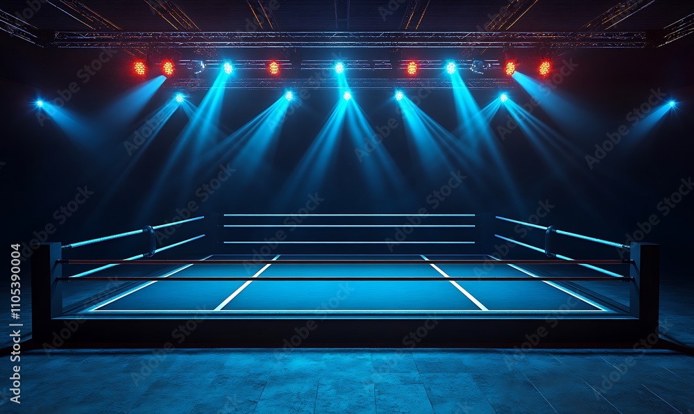 Illuminated empty wrestling ring ready for an upcoming match under ...