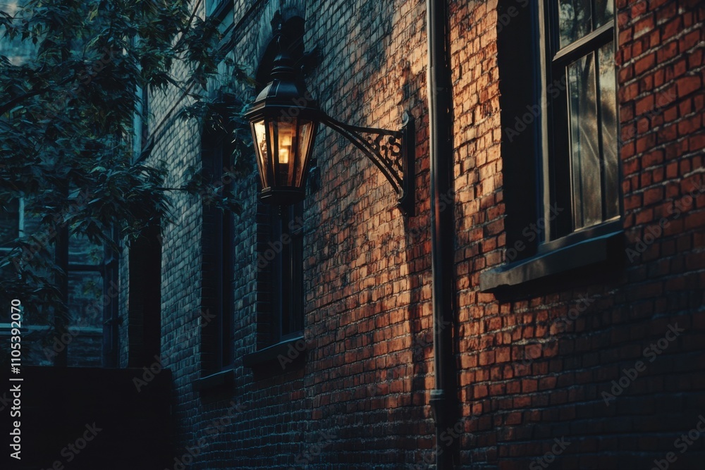 Intricate brick walls evoke deep shadows as evening light dances across ...