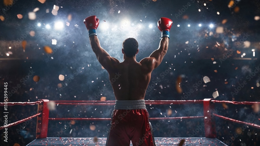 Foto de Stock Victorious boxer with raised arms in boxing ring, backlit ...