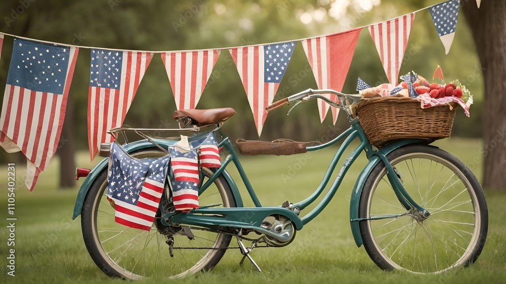 Vintage bicycle adorned with American flags and a basket of fruits in a ...