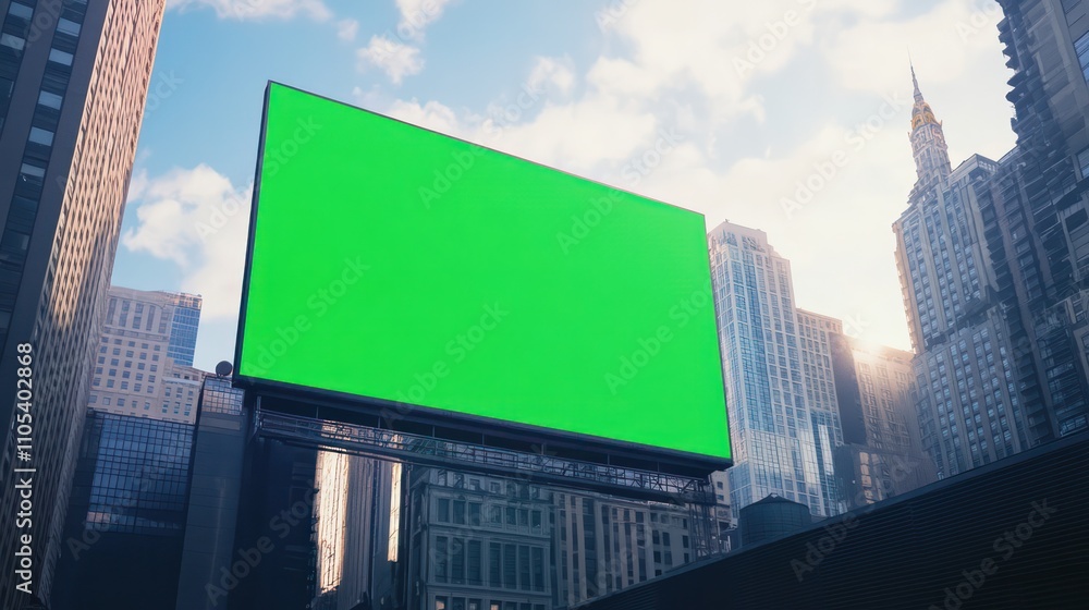 cinematic shot, in a city a skyscrapper has a green screen digital ...