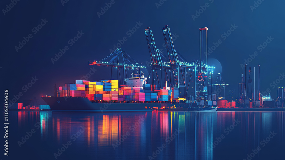 Trade port low poly wireframe banner template. Digital vector cargo ...