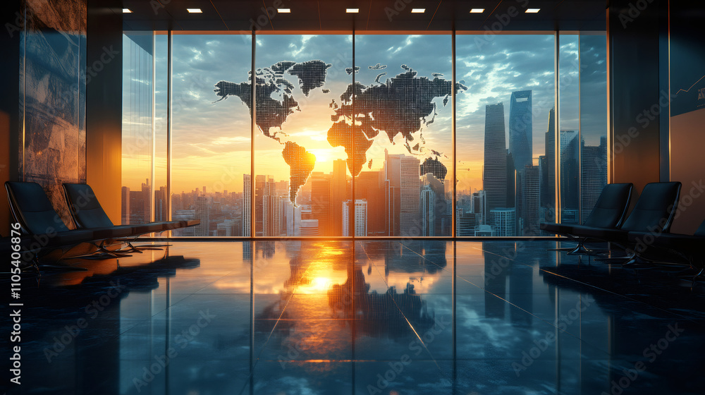 Modern office interior with a world map at sunset against a city ...