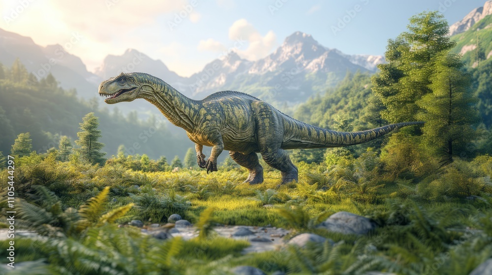 Foto de Stock Dinosaur in wild prehistoric natural landscape. Jurassic ...